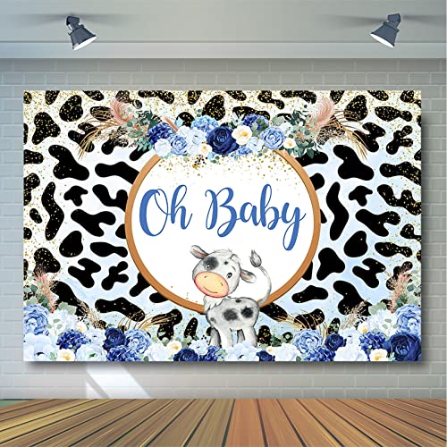 Avezano Milk Cows Baby Shower Backdrop Oh Baby Sign Baby Shower Party Decorations Blue Cow Stripes Floral Backdrops Cake Table Banners Boys Photography Backdground (7x5ft)