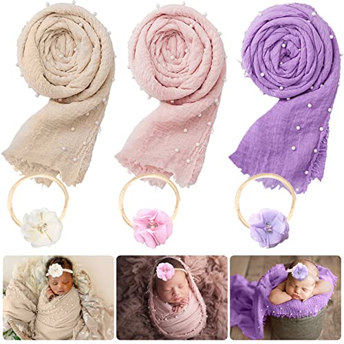 6 PCS Baby Props Photography Wrap Kits, SPOKKI 90X170cm Newborn Long Ripple Wraps with 3Pcs Flower Girl Headband Classic Outfits for Girl Princess Twins Birthday Party