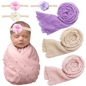 6 PCS Baby Props Photography Wrap Kits, SPOKKI 90X170cm Newborn Long Ripple Wraps with 3Pcs Flower Girl Headband Classic Outfits for Girl Princess Twins Birthday Party