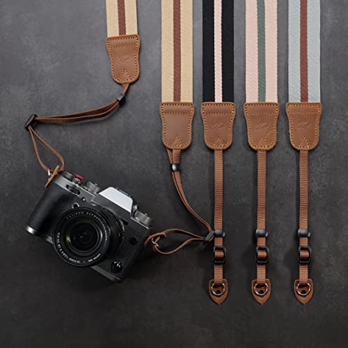 Beige Striped Camera Strap - Double Layer top-grain Cowhide Ends,1.5"Wide Pure Cotton Woven Camera Strap,Adjustable Universal Neck & Shoulder Strap for All DSLR Cameras,Great Gift for Photographers