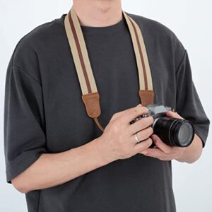 Beige Striped Camera Strap - Double Layer top-grain Cowhide Ends,1.5"Wide Pure Cotton Woven Camera Strap,Adjustable Universal Neck & Shoulder Strap for All DSLR Cameras,Great Gift for Photographers