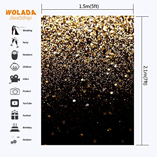 WOLADA 5x7FT Gold Backdrop Glitter Backdrop Gold Spots Bokeh Backdrop Black and Gold Backdrop Wedding Backdrop Gold Backdrop for Parties Vinyl Photography Backdrop 11412