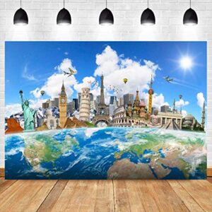 world map global travel backdrop 7x5ft worldwide famous landmark buildings photography background newyork and paris eiffel tower backdrop wallpaper photo booth studio props che005 lelez