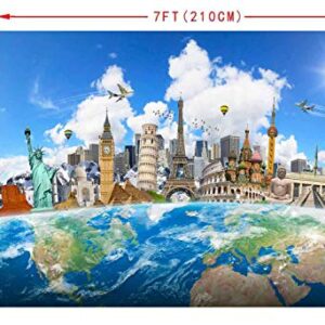 World Map Global Travel Backdrop 7x5ft Worldwide Famous Landmark Buildings Photography Background Newyork and Paris Eiffel Tower Backdrop Wallpaper Photo Booth Studio Props CHE005 LELEZ