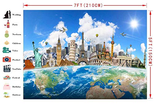 World Map Global Travel Backdrop 7x5ft Worldwide Famous Landmark Buildings Photography Background Newyork and Paris Eiffel Tower Backdrop Wallpaper Photo Booth Studio Props CHE005 LELEZ