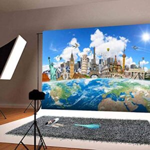 World Map Global Travel Backdrop 7x5ft Worldwide Famous Landmark Buildings Photography Background Newyork and Paris Eiffel Tower Backdrop Wallpaper Photo Booth Studio Props CHE005 LELEZ