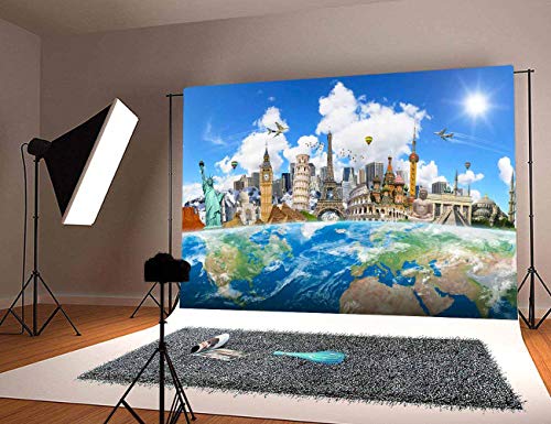 World Map Global Travel Backdrop 7x5ft Worldwide Famous Landmark Buildings Photography Background Newyork and Paris Eiffel Tower Backdrop Wallpaper Photo Booth Studio Props CHE005 LELEZ