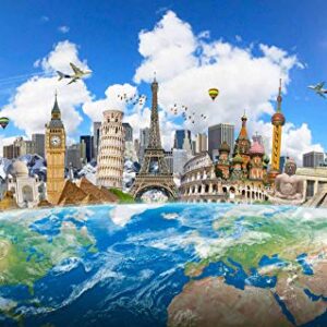 World Map Global Travel Backdrop 7x5ft Worldwide Famous Landmark Buildings Photography Background Newyork and Paris Eiffel Tower Backdrop Wallpaper Photo Booth Studio Props CHE005 LELEZ