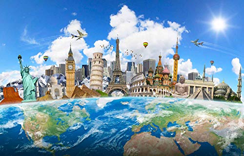 World Map Global Travel Backdrop 7x5ft Worldwide Famous Landmark Buildings Photography Background Newyork and Paris Eiffel Tower Backdrop Wallpaper Photo Booth Studio Props CHE005 LELEZ