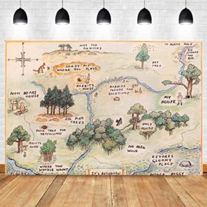 LYCGS 7X5FT 100 Acre Forest Map Backdrop Baby Shower Bear Background One Year Old Birthday Party Backdrop Happy Birthday Bear Home Map Backdrops for Kids X-80