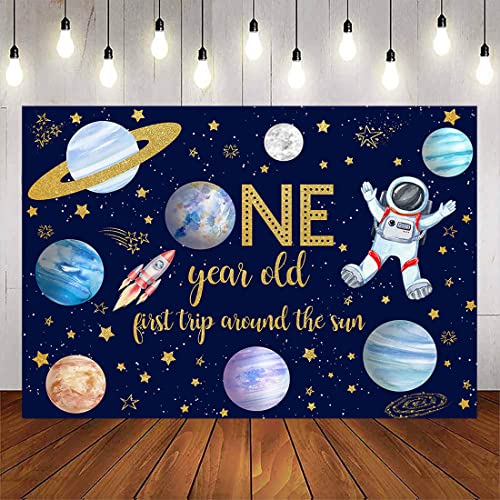 Avezano Boy First Trip Around The Sun Birthday Backdrop Outer Space One Year Old Birthday Background Decorations Solar System First Birthday Party Banner Supplies(7x5ft)