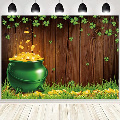 Drihanco 7x5ft St. Patrick's Day Decorations Backdrop Lucky Irish Festival Picture Background for Photography Wooden Wall Green Shamrock Clover Gold Coins Greenery Holiday Party Supplies Banner