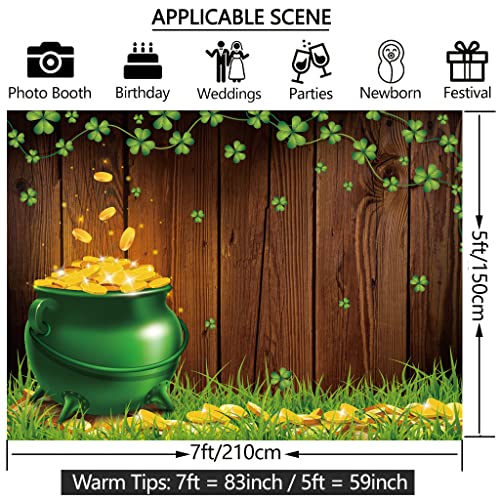 Drihanco 7x5ft St. Patrick's Day Decorations Backdrop Lucky Irish Festival Picture Background for Photography Wooden Wall Green Shamrock Clover Gold Coins Greenery Holiday Party Supplies Banner