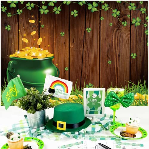 Drihanco 7x5ft St. Patrick's Day Decorations Backdrop Lucky Irish Festival Picture Background for Photography Wooden Wall Green Shamrock Clover Gold Coins Greenery Holiday Party Supplies Banner