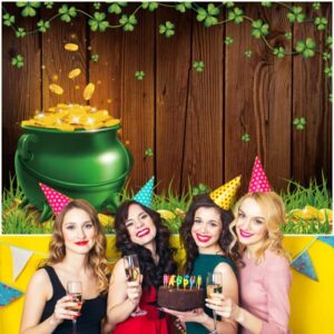 Drihanco 7x5ft St. Patrick's Day Decorations Backdrop Lucky Irish Festival Picture Background for Photography Wooden Wall Green Shamrock Clover Gold Coins Greenery Holiday Party Supplies Banner