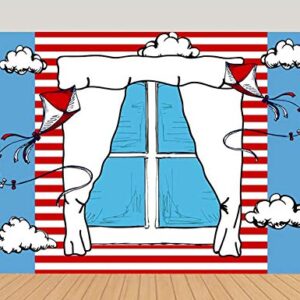 Cartoon Blue Window Backdrops for Photography Kids Birthday Party Background 5x3ft Blue Red Kite Striped Kids Party Backdrop Boys Girls 1st Birthday Decorations Cake Table Banner Photo Booth Props