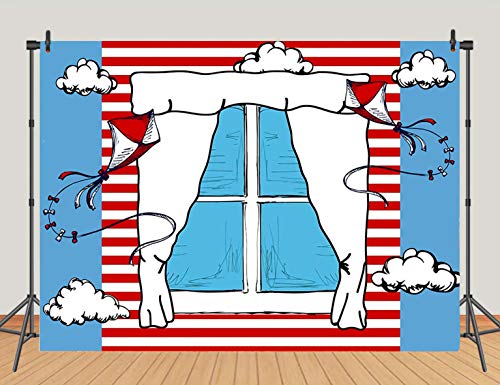 Cartoon Blue Window Backdrops for Photography Kids Birthday Party Background 5x3ft Blue Red Kite Striped Kids Party Backdrop Boys Girls 1st Birthday Decorations Cake Table Banner Photo Booth Props