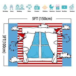 Cartoon Blue Window Backdrops for Photography Kids Birthday Party Background 5x3ft Blue Red Kite Striped Kids Party Backdrop Boys Girls 1st Birthday Decorations Cake Table Banner Photo Booth Props