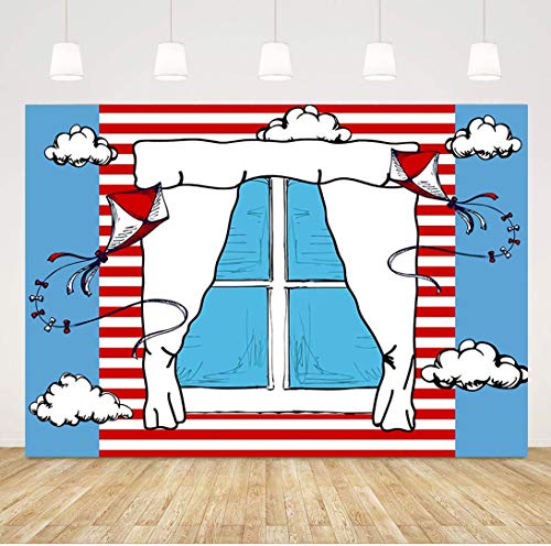 Cartoon Blue Window Backdrops for Photography Kids Birthday Party Background 5x3ft Blue Red Kite Striped Kids Party Backdrop Boys Girls 1st Birthday Decorations Cake Table Banner Photo Booth Props