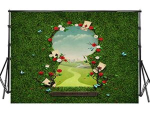 sensfun 7x5ft wonderland photography backdrop fantasy fairy tale green grass gate wonderland photo background for girls baby shower birthday tea party decorations portrait photo booth props (sxy1326)