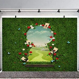 Sensfun 7x5ft Wonderland Photography Backdrop Fantasy Fairy Tale Green Grass Gate Wonderland Photo Background for Girls Baby Shower Birthday Tea Party Decorations Portrait Photo Booth Props (SXY1326)