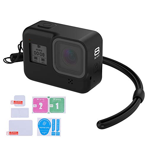 LARRITS Protective Silicone Sleeve Case + Silicone Lanyard + Glass Screen and Lens Protector for GoPro Hero 8 Black (Black)