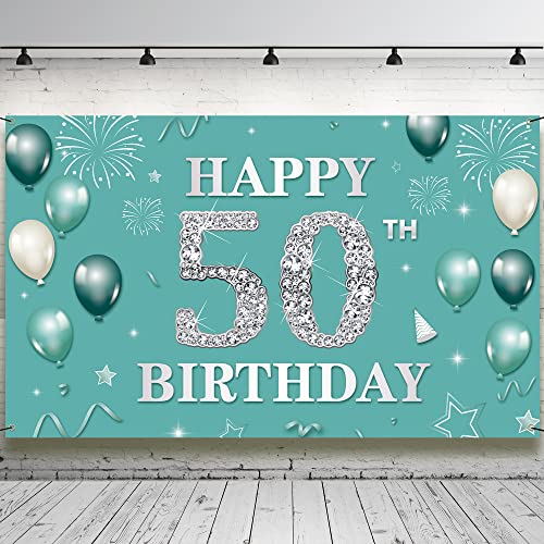 50th Birthday Decoration Backdrop Banner, Teal Silver Happy 50th Birthday Decorations for Women, Turquoise 50 Year Old Birthday Party Photo Booth Props Supplies for Outdoor Indoor, Fabric Vicycaty