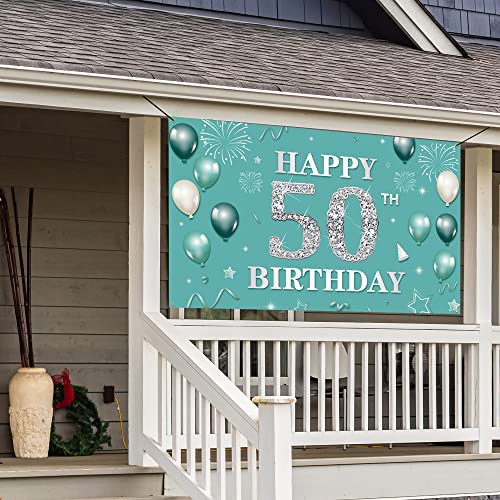 50th Birthday Decoration Backdrop Banner, Teal Silver Happy 50th Birthday Decorations for Women, Turquoise 50 Year Old Birthday Party Photo Booth Props Supplies for Outdoor Indoor, Fabric Vicycaty