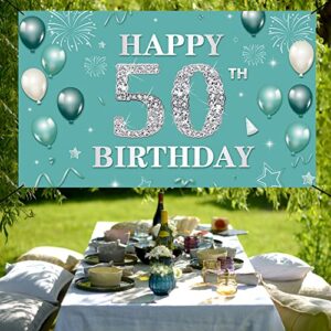 50th Birthday Decoration Backdrop Banner, Teal Silver Happy 50th Birthday Decorations for Women, Turquoise 50 Year Old Birthday Party Photo Booth Props Supplies for Outdoor Indoor, Fabric Vicycaty