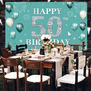 50th Birthday Decoration Backdrop Banner, Teal Silver Happy 50th Birthday Decorations for Women, Turquoise 50 Year Old Birthday Party Photo Booth Props Supplies for Outdoor Indoor, Fabric Vicycaty