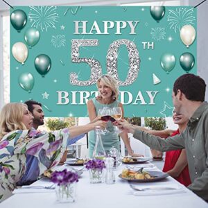 50th Birthday Decoration Backdrop Banner, Teal Silver Happy 50th Birthday Decorations for Women, Turquoise 50 Year Old Birthday Party Photo Booth Props Supplies for Outdoor Indoor, Fabric Vicycaty