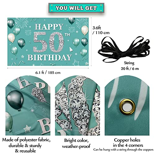 50th Birthday Decoration Backdrop Banner, Teal Silver Happy 50th Birthday Decorations for Women, Turquoise 50 Year Old Birthday Party Photo Booth Props Supplies for Outdoor Indoor, Fabric Vicycaty