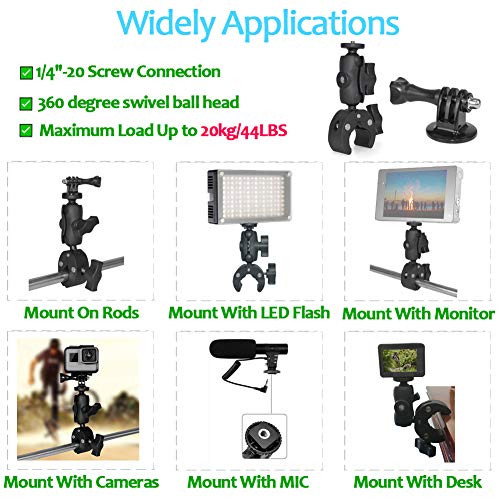 MEKNIC Super Camera Mount Clamp Double Ball Head Adapter with 1/4"-20 Thread for Canon Nikon DSLR Camera Gopro Mount Akaso LED Lights Ronin-M Ronin MX Freefly MOVI etc