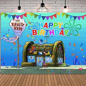 QHY Cartoon Animation Spongebob Theme Photography Backdrop Children Happy 1st Birthday Party decors Banner The Krusty Krab Photo Background Vinyl Baby Shower Booth Studio Props 8x6FT