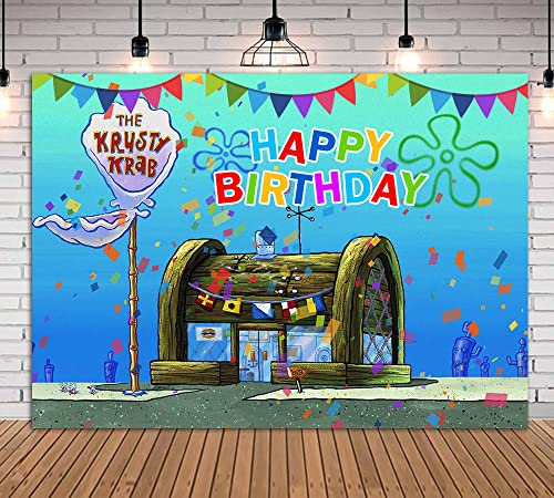 QHY Cartoon Animation Spongebob Theme Photography Backdrop Children Happy 1st Birthday Party decors Banner The Krusty Krab Photo Background Vinyl Baby Shower Booth Studio Props 8x6FT