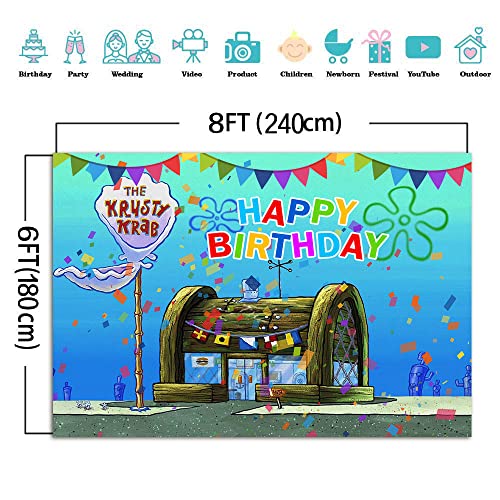 QHY Cartoon Animation Spongebob Theme Photography Backdrop Children Happy 1st Birthday Party decors Banner The Krusty Krab Photo Background Vinyl Baby Shower Booth Studio Props 8x6FT