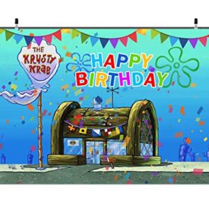 QHY Cartoon Animation Spongebob Theme Photography Backdrop Children Happy 1st Birthday Party decors Banner The Krusty Krab Photo Background Vinyl Baby Shower Booth Studio Props 8x6FT