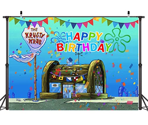 QHY Cartoon Animation Spongebob Theme Photography Backdrop Children Happy 1st Birthday Party decors Banner The Krusty Krab Photo Background Vinyl Baby Shower Booth Studio Props 8x6FT