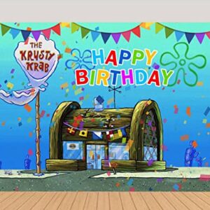 QHY Cartoon Animation Spongebob Theme Photography Backdrop Children Happy 1st Birthday Party decors Banner The Krusty Krab Photo Background Vinyl Baby Shower Booth Studio Props 8x6FT