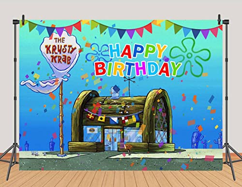 QHY Cartoon Animation Spongebob Theme Photography Backdrop Children Happy 1st Birthday Party decors Banner The Krusty Krab Photo Background Vinyl Baby Shower Booth Studio Props 8x6FT