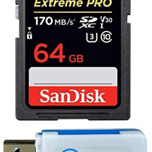 SanDisk 64GB Extreme Pro Memory Card works with Sony Alpha A9, A6000, A5100, A6300, A6500, DSCH300, A5000, A7, A7R II Digital DSLR Camera SDXC 4K V30 UHS-I with Everything But Stromboli Combo Reader