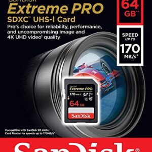 SanDisk 64GB Extreme Pro Memory Card works with Sony Alpha A9, A6000, A5100, A6300, A6500, DSCH300, A5000, A7, A7R II Digital DSLR Camera SDXC 4K V30 UHS-I with Everything But Stromboli Combo Reader