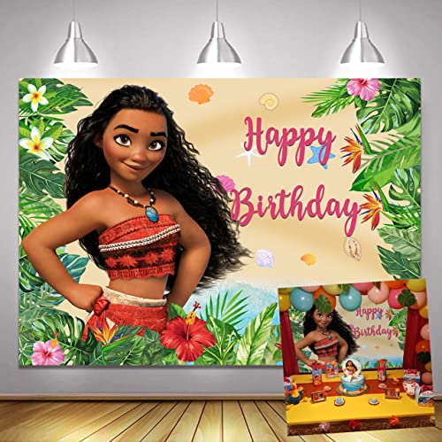 Cartoon Moana Birthday Backdrop Maui Summer Beach Princess Girls Birthday Photo Background Baby Shower Party Supplies Cake Table Decoration (7x5ft)