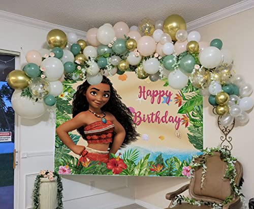 Cartoon Moana Birthday Backdrop Maui Summer Beach Princess Girls Birthday Photo Background Baby Shower Party Supplies Cake Table Decoration (7x5ft)