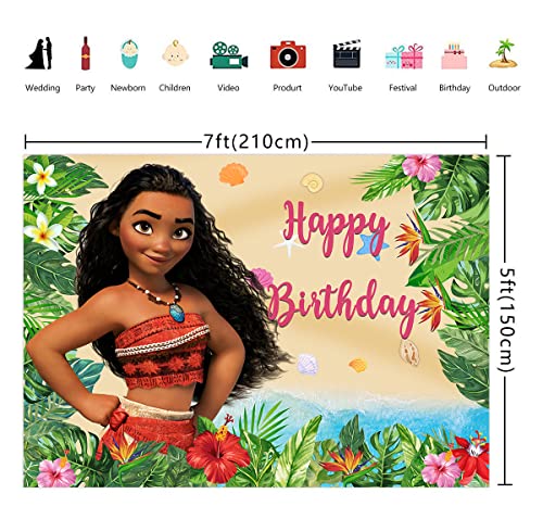 Cartoon Moana Birthday Backdrop Maui Summer Beach Princess Girls Birthday Photo Background Baby Shower Party Supplies Cake Table Decoration (7x5ft)