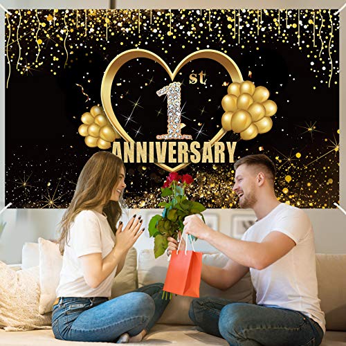 Yoaokiy 1 Year Anniversary Banner Decorations, Extra Large Happy 1st Wedding Anniversary Backdrop Poster Sign Supplies, Gold One Year Anniversary Decor Photo Props for Outdoor Indoor(6 X 3.6ft)