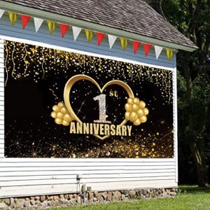 Yoaokiy 1 Year Anniversary Banner Decorations, Extra Large Happy 1st Wedding Anniversary Backdrop Poster Sign Supplies, Gold One Year Anniversary Decor Photo Props for Outdoor Indoor(6 X 3.6ft)