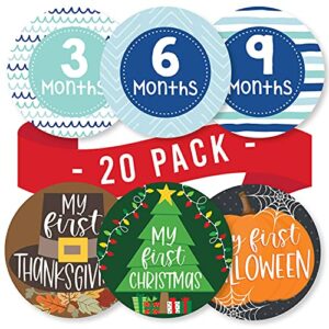 20 monthly baby milestone stickers boy – blue baby monthly milestone stickers for baby boy, milestone baby monthly stickers, baby month stickers for baby photo props boy, monthly baby stickers boy