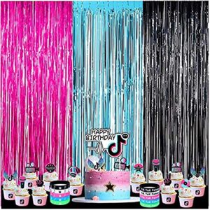 TIK Tok Birthday Decorations TIK TOK Party Photo Backdrop, TIK Tok Party Decorations Fuchsia Black Teal Foil Curtains for TIK Tok Party