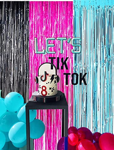 TIK Tok Birthday Decorations TIK TOK Party Photo Backdrop, TIK Tok Party Decorations Fuchsia Black Teal Foil Curtains for TIK Tok Party